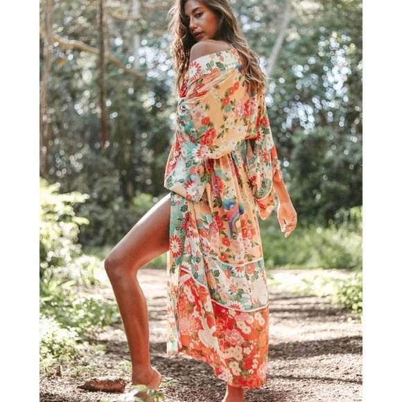 Dresses | New Boho Gypsy Floral Sheer Chiffon Kimono Robe Duster Red ...